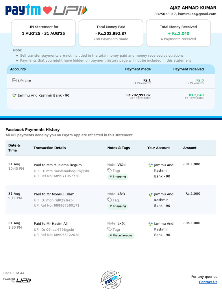 UPI Payment Statement: Aug 2025 | PDF | Web Application | Applications ...