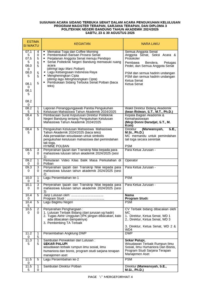 Draft Susunan Acara Wisuda 23 & 30 Agustus 2025 (22 Agustus 2025) | PDF
