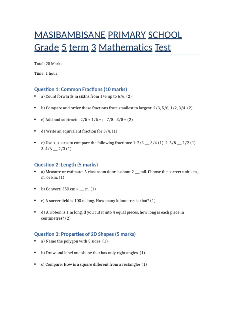 Grade5 Maths Test | PDF