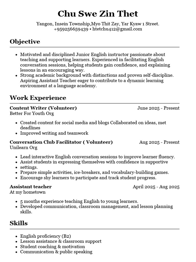 Resume Chu Swe Zin Thet | PDF
