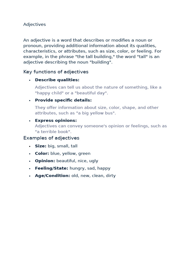 Understanding Adjectives and Their Functions | PDF