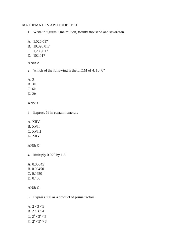 Mathematics Aptitude Test | PDF | Elementary Mathematics | Arithmetic