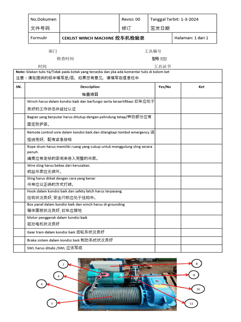 Itss-ohs-fi-017 Form Check List Inspeksi Winch Machine | PDF