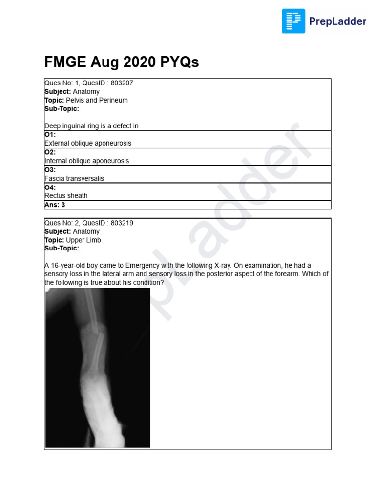 FMGE Aug 2020 Question Paper | PDF | Orthopedic Surgery | Elbow