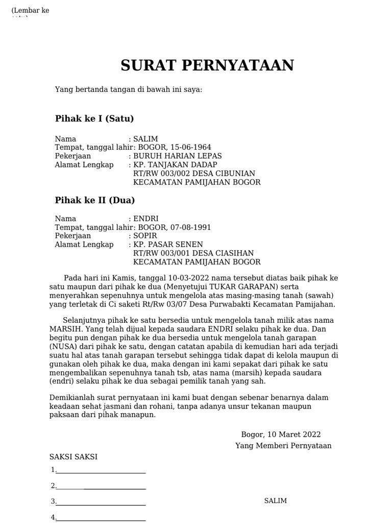 Format Surat Pernyataan Bermaterai | PDF