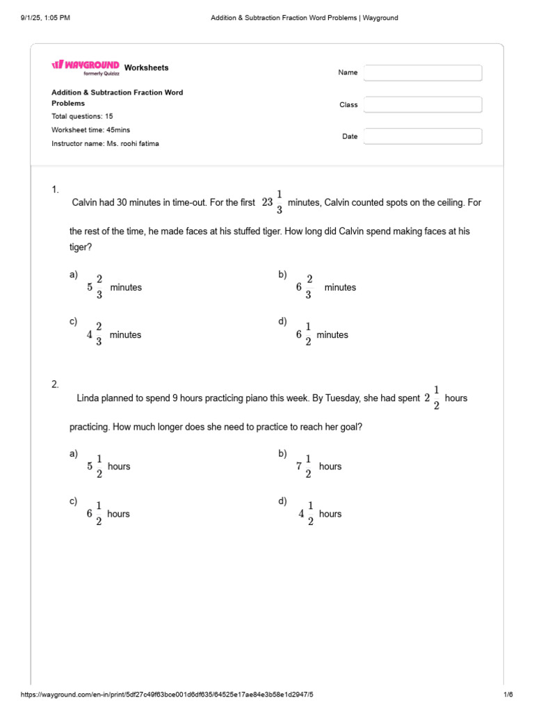 Quizizz - Addition & Subtraction Fraction Word Problems 6 | PDF