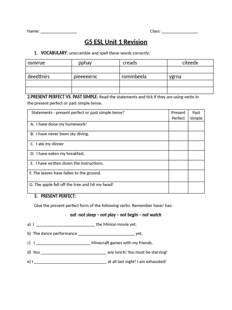 ESL G5 Unit 1 Exam Practice | PDF | Verb | Linguistic Typology