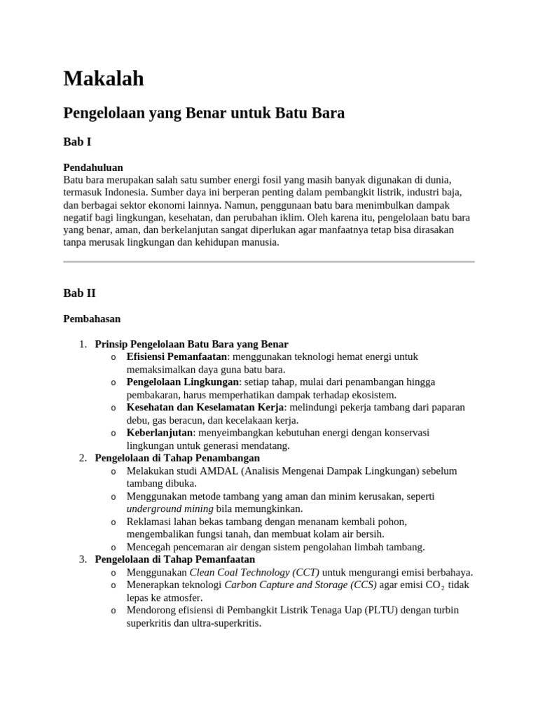 Makalah Pengelolaan Yang Benar Batu Bara | PDF