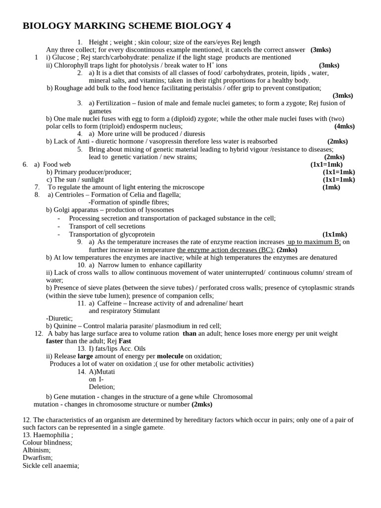 Biology Marking Scheme Overview | PDF | Enzyme | Fertilisation
