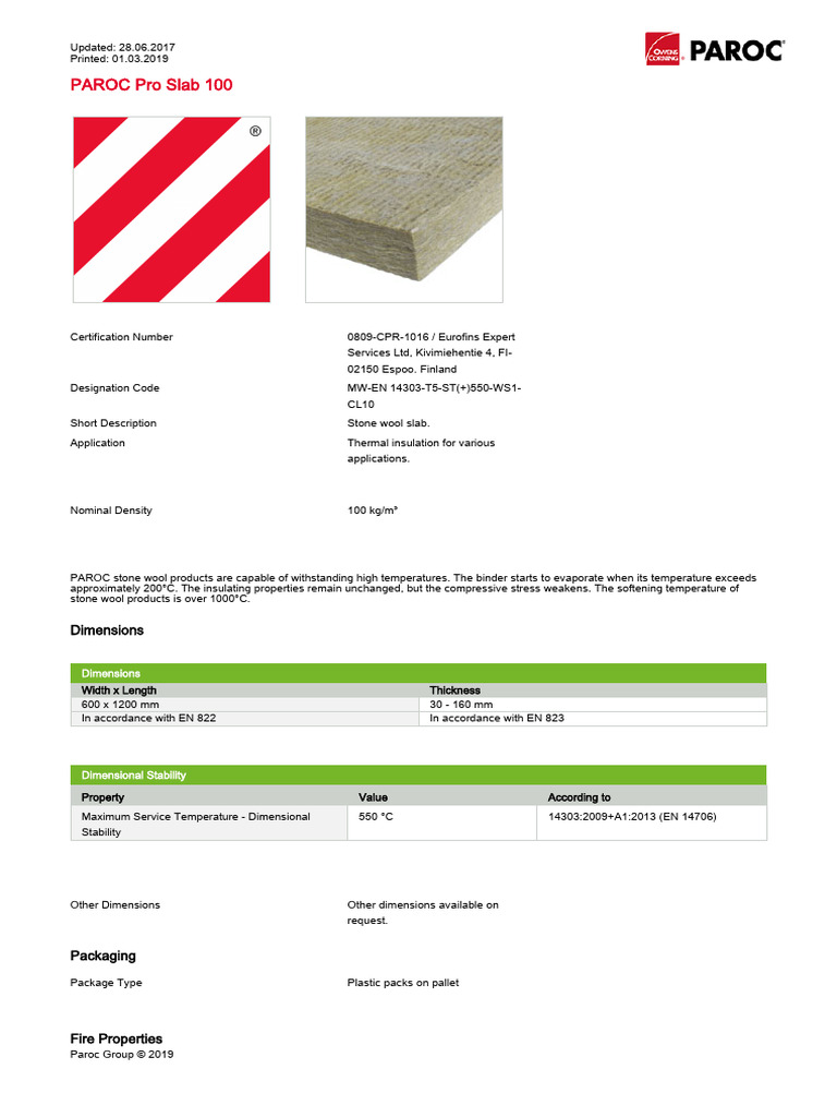 Thermal Insulation Data Sheet - Paroc Pro Slab 100 | PDF | Electrical ...