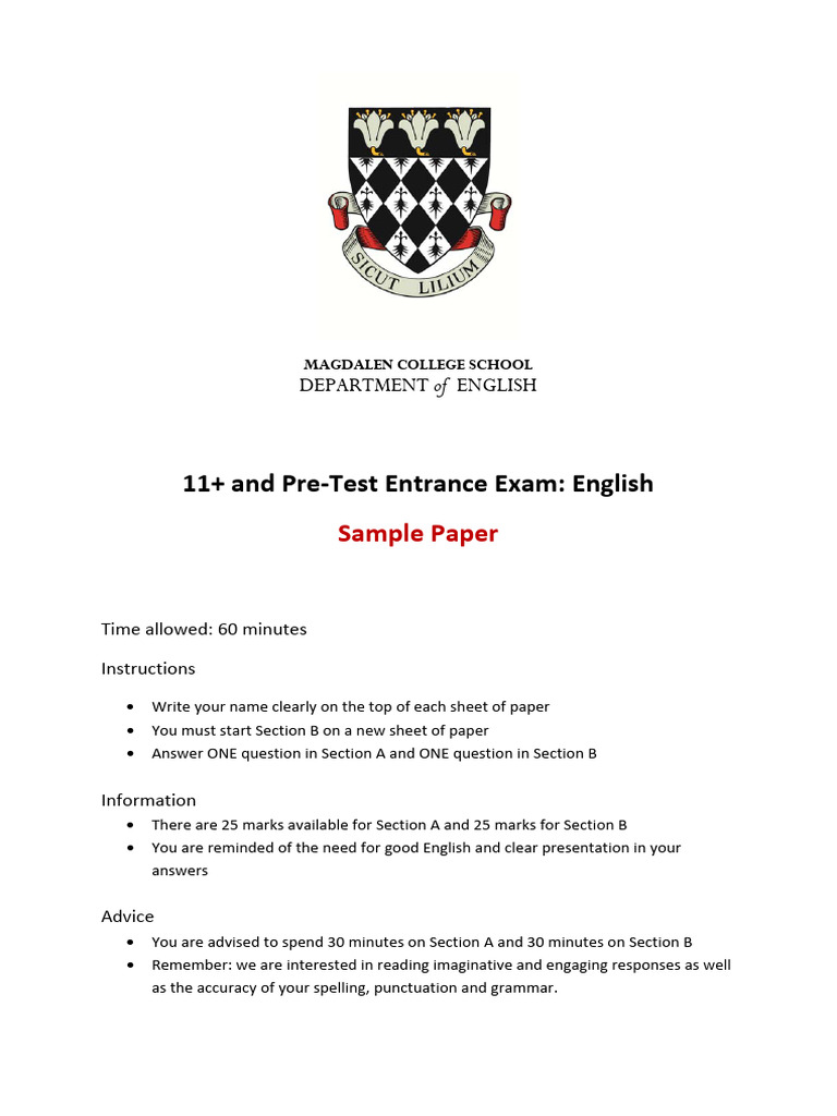 11+ English Entrance Exam Sample Paper | PDF | Linguistics | Grammar