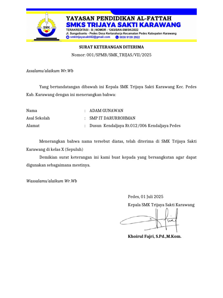 Surat Keterangan Diterima | PDF