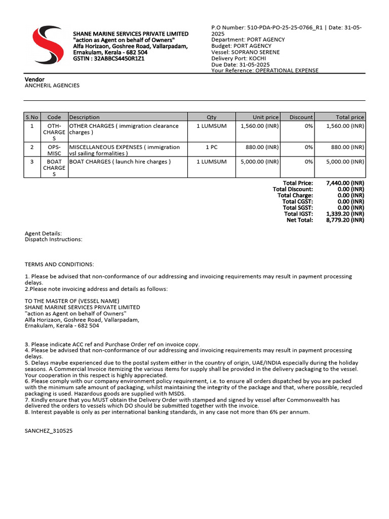 INR Conversion for Marine Services Invoice | PDF