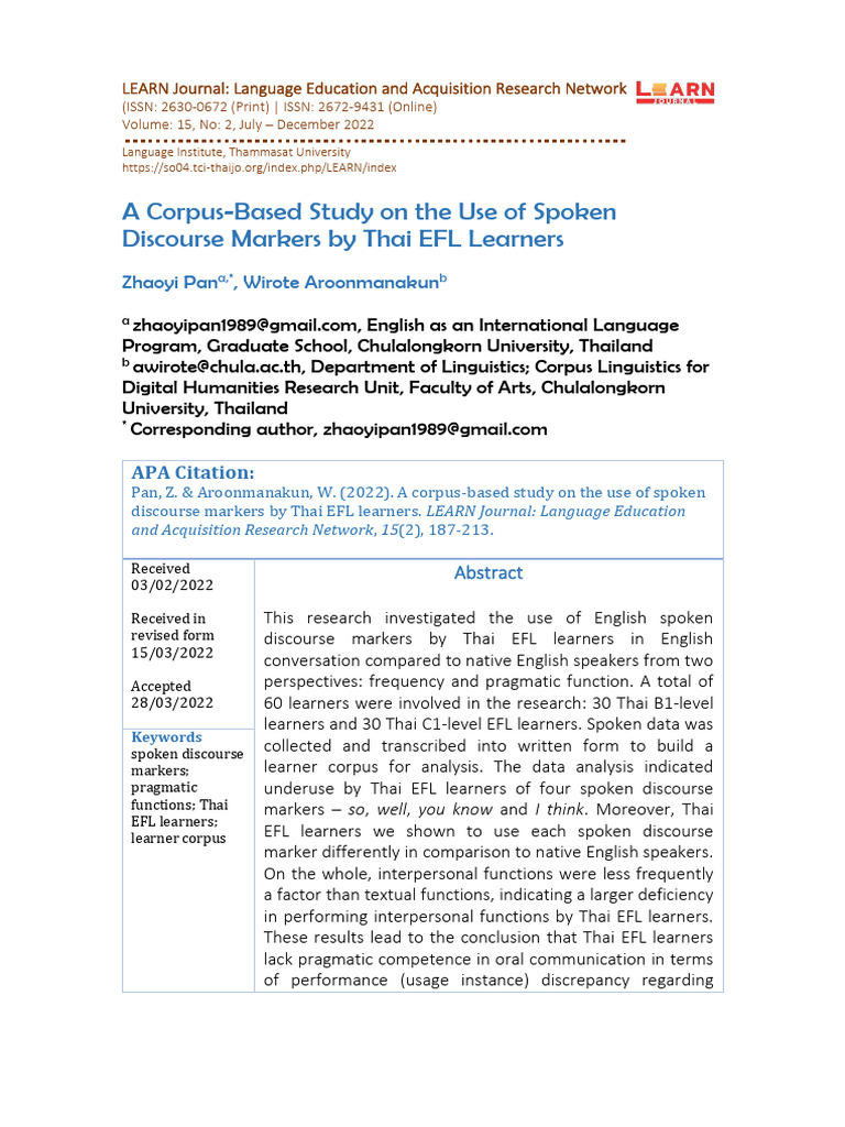 A Corpus-Based Study On The Use of Spoken Discourse Markers by Thai EFL Learners | PDF | English ...