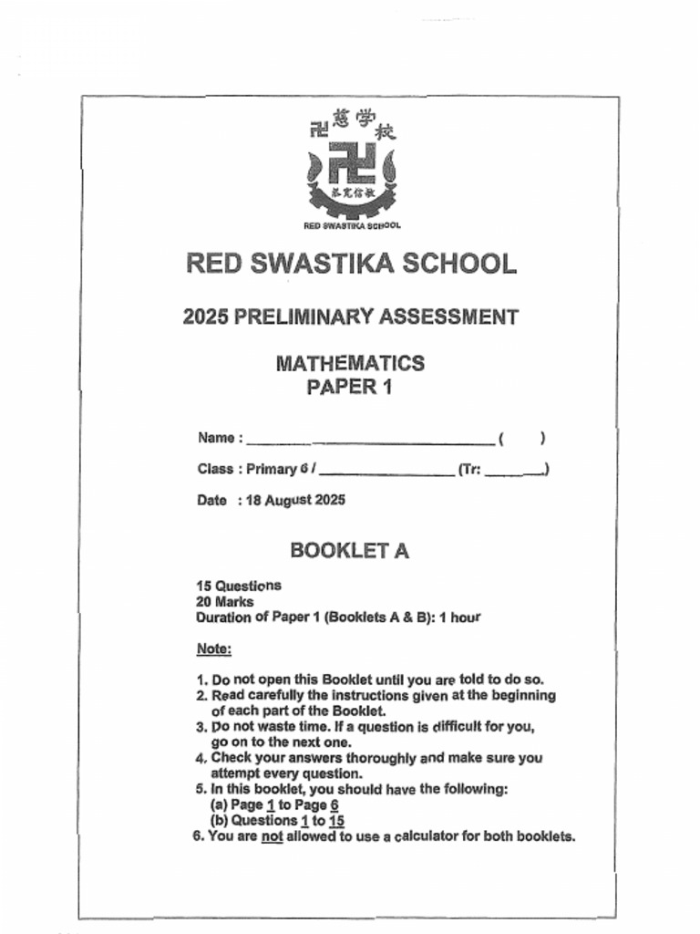 P6 Maths Prelim 2025 RedSwastika Exam Papers | PDF