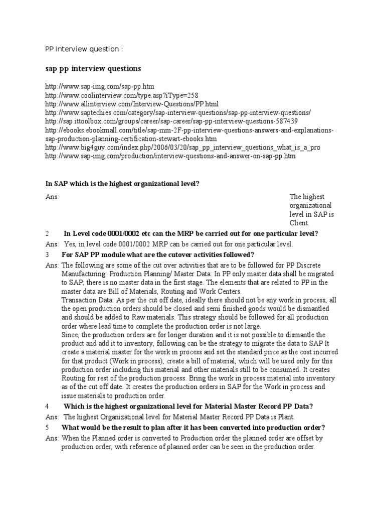 Sap Pp Interview Questions Pdf Scheduling Production Processes Supply Chain Management