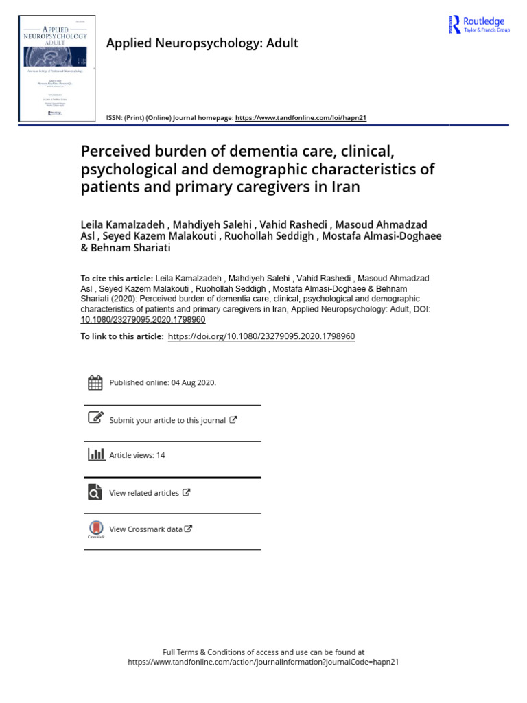 Perceived Burden of Dementia Care, Clinical, Psychological and ...