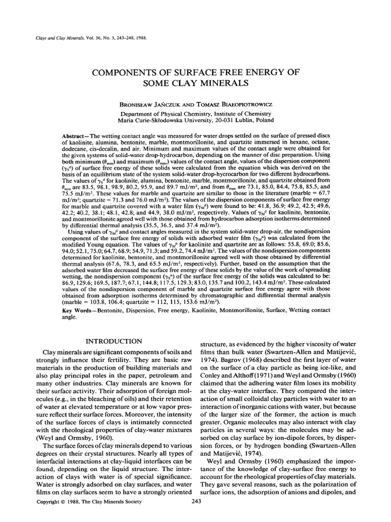 Components of Surface Free Energy of Some Cla y Minerals | PDF ...