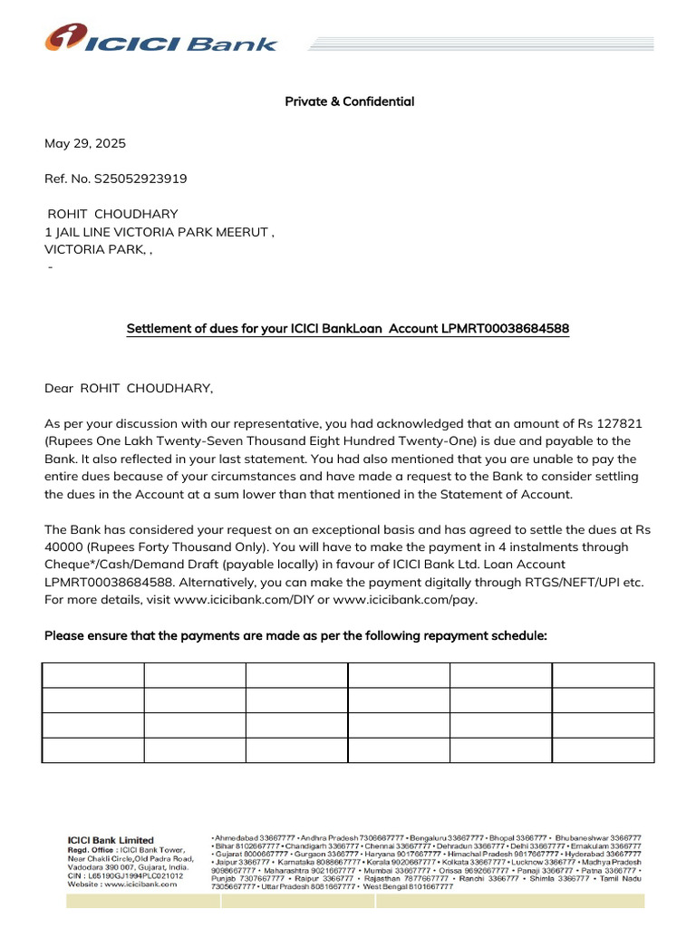ICICI Bank Loan Settlement Agreement | PDF | Payments | Money