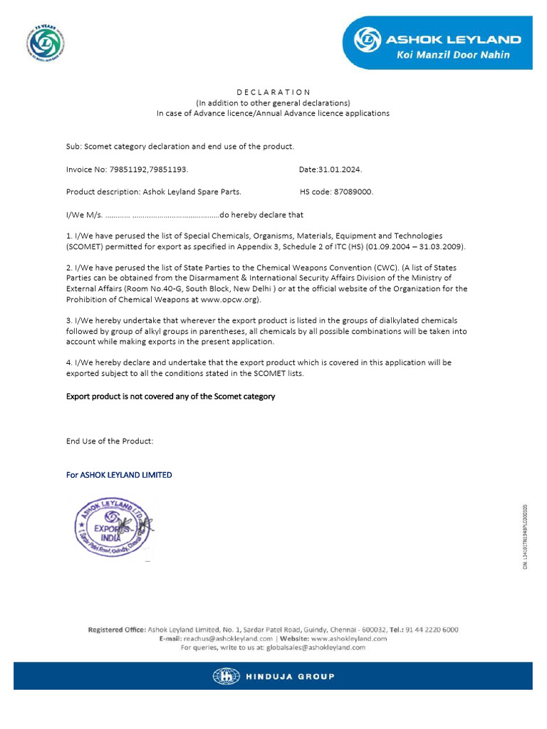 SCOMET Declaration for Ashok Leyland Parts | PDF