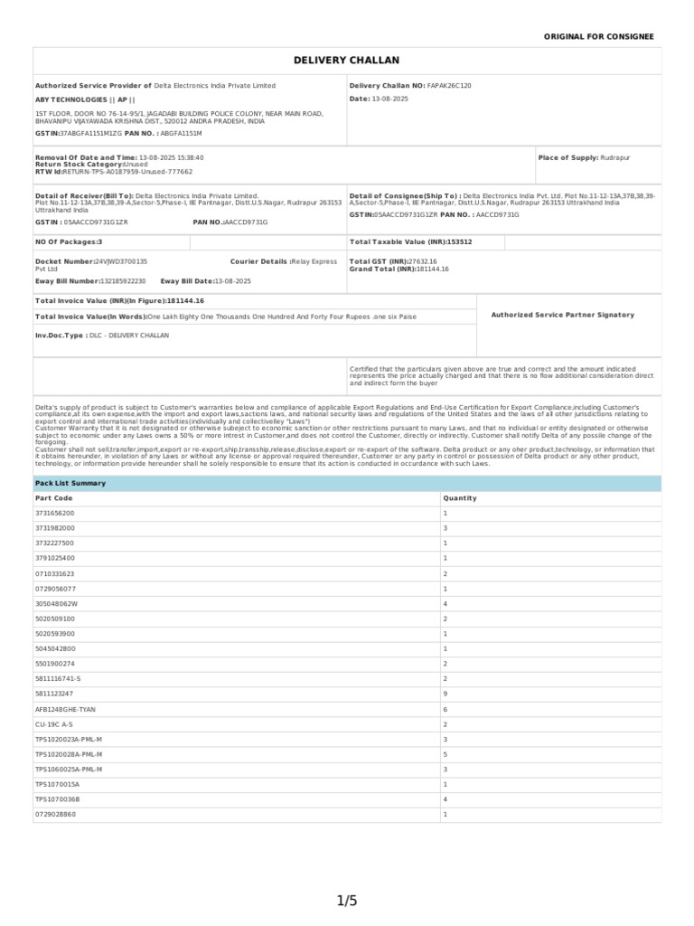 DC To Delta Delivery Challan Return-tps-A0187959-Unused-777662 | PDF ...