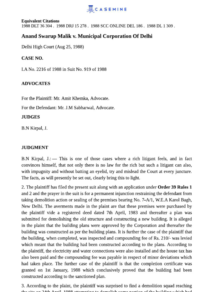 Anand Swarup Malik Vs MCD | PDF