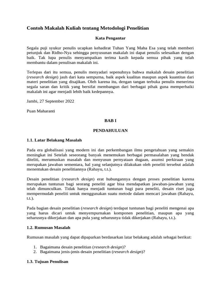 Contoh Makalah Kuliah Tentang Metodologi Penelitian | PDF