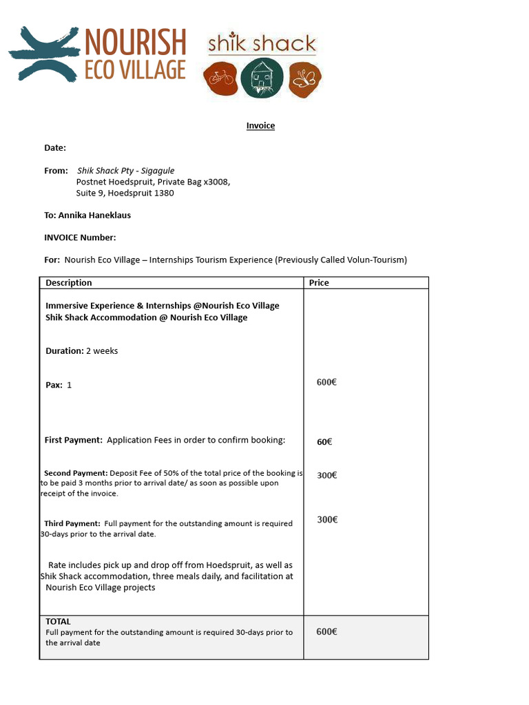 Invoice for Nourish Eco Village Internship | PDF | Receipt | Invoice