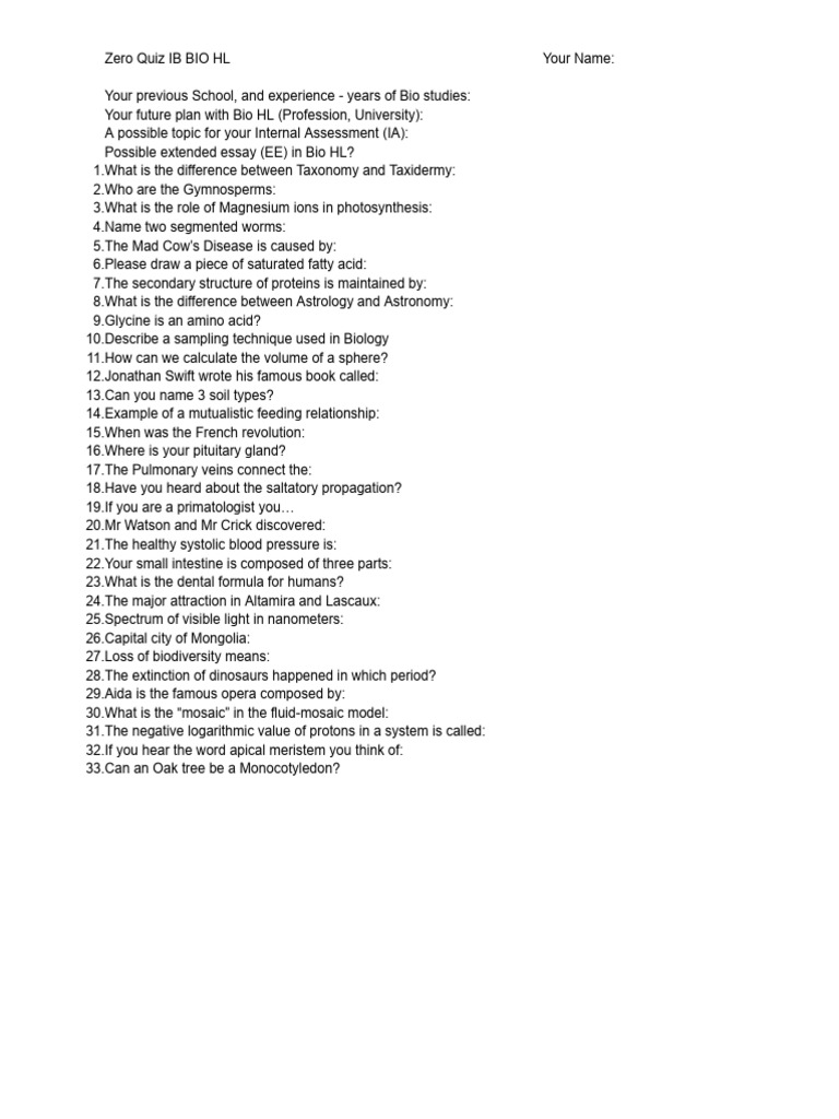 Zero Quiz IB BIO HL Your Name | PDF