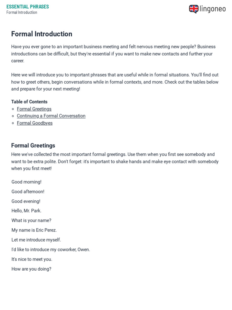 Essential Phrases for Formal Introductions | PDF | English Language ...
