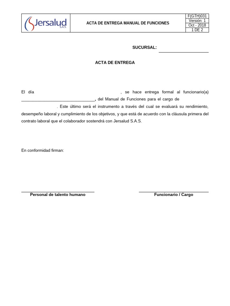 f(Gth)031 Formato Acta Entrega Manual Funciones | PDF