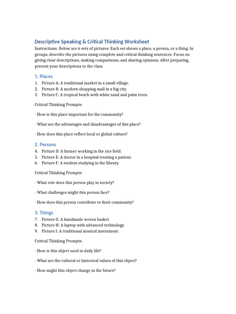 Descriptive Speaking Critical Thinking Worksheet | PDF