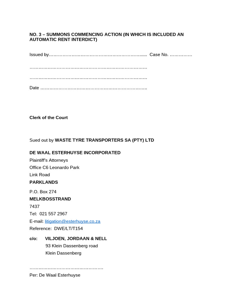 No. 3 Summons With Rent Interdict Company | PDF | Lease | Lawsuit