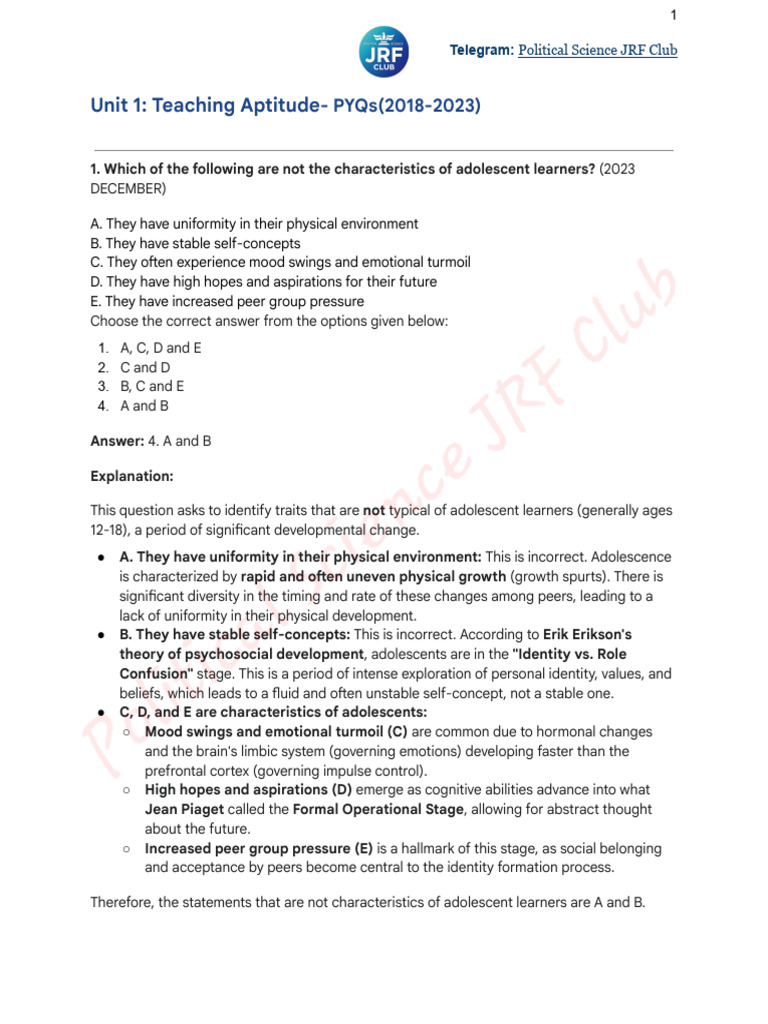 Paper 1 (Unit 1) Teaching Aptitude PYQs (2018 2023) | PDF | Learning | Adolescence