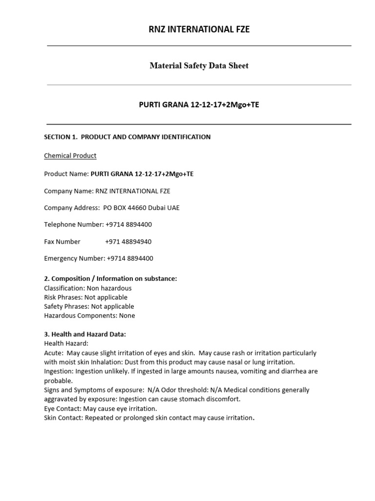 PURTI GRANA 12-12-17 MSDS Guide | PDF | Personal Protective Equipment ...