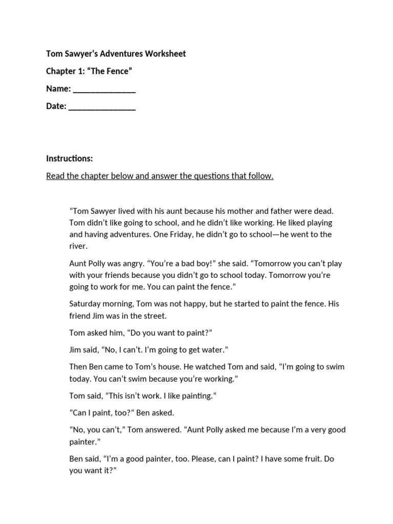 Tom Sawyer Worksheet Chapter One | PDF
