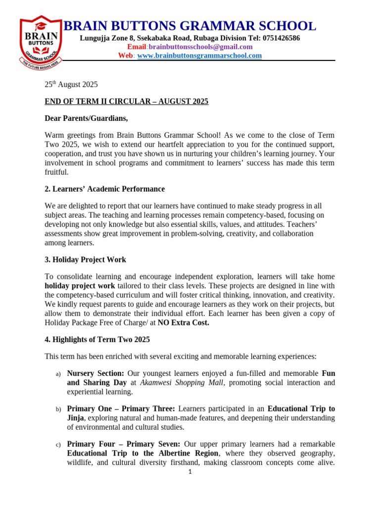 End of Term II 2925 Circular - Final (1) Grammar | PDF | Learning