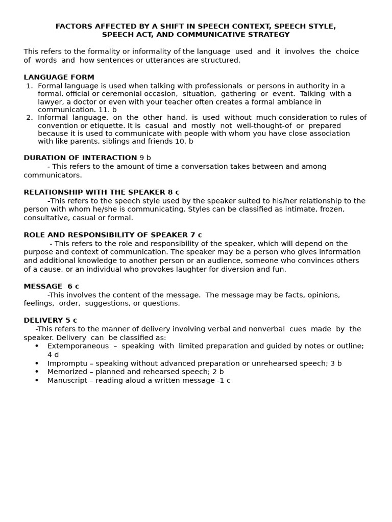 FACTORS AFFECTED BY A SHIFT IN SPEECH CONTEXT-communicative strategy ...