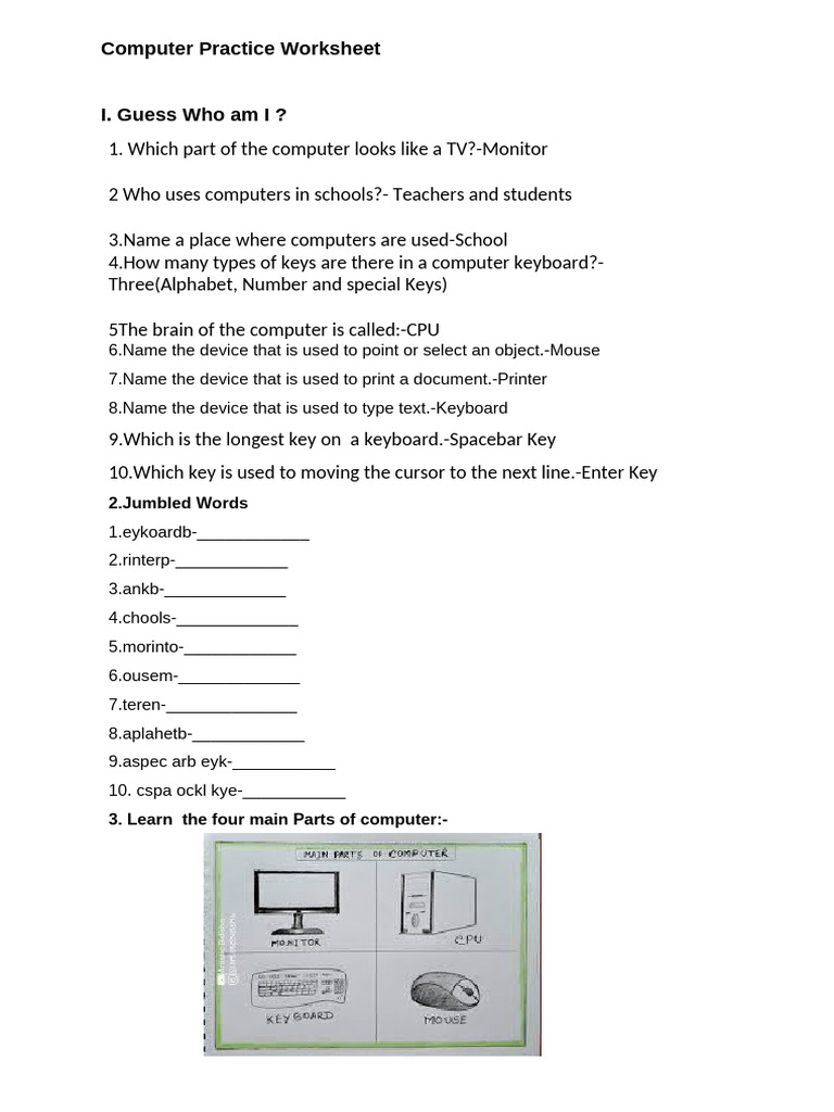 Computer Practice Worksheet - Class 1 | PDF