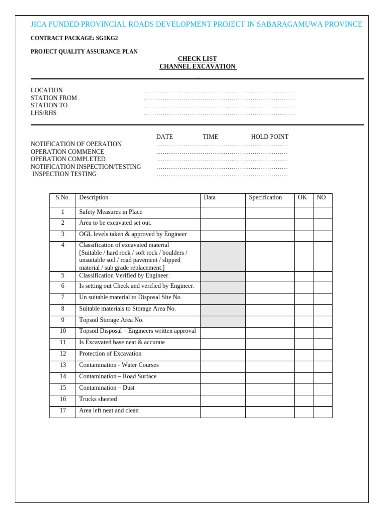 Channel Excavation Quality Checklist | PDF