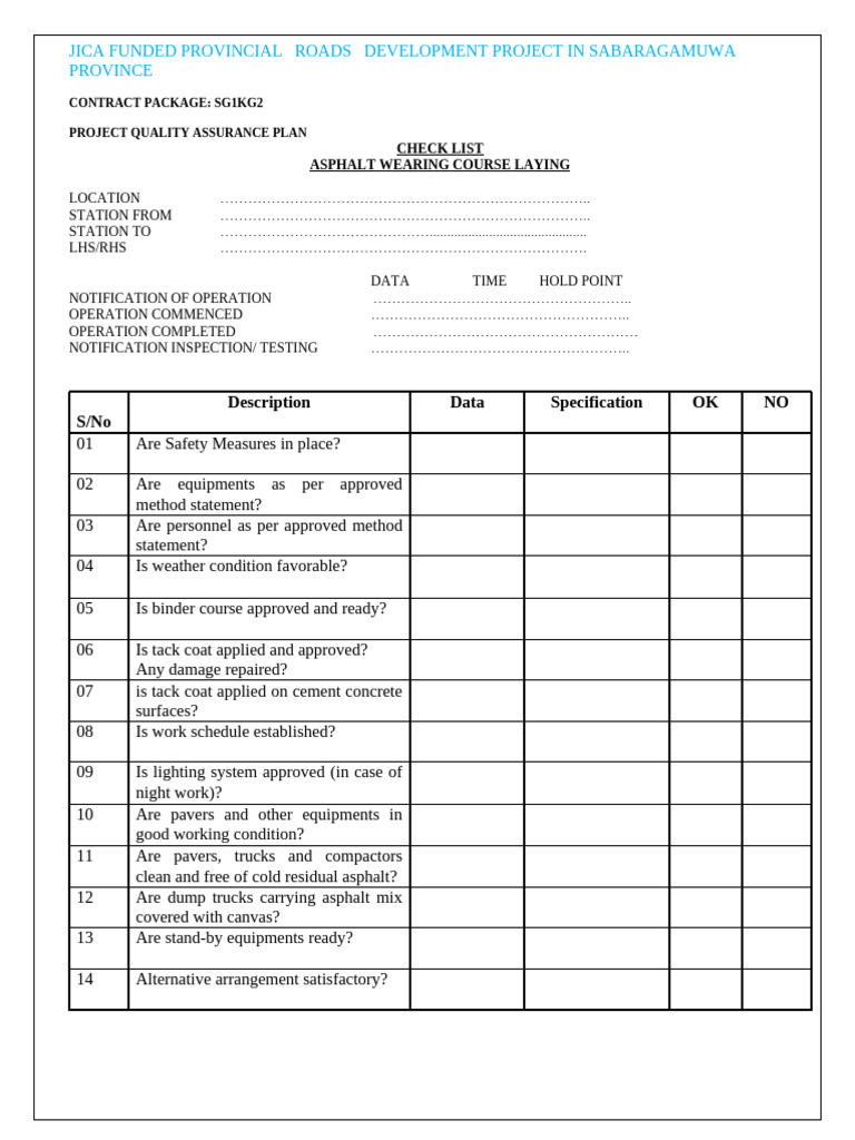 Check List Asphalt Wearing Course Laying | PDF | Road Surface | Materials