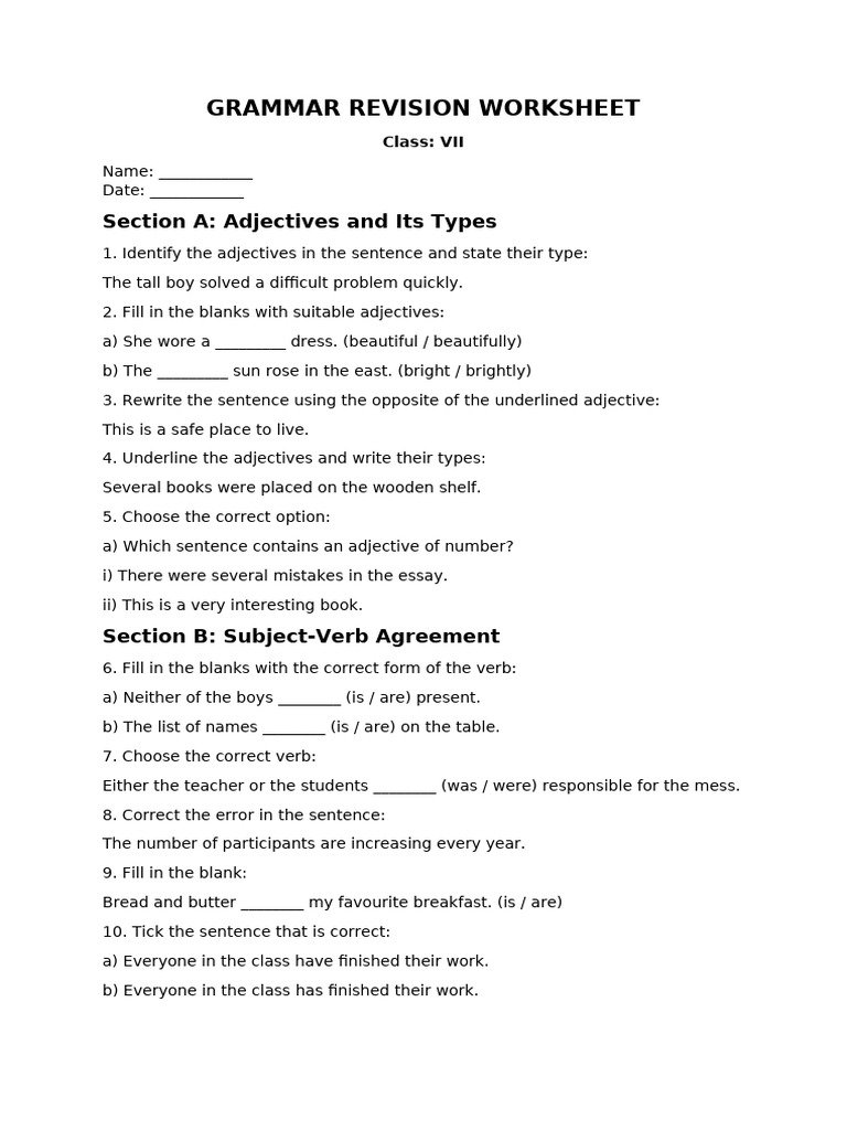 Grammar Revision Worksheet for Class VII | PDF