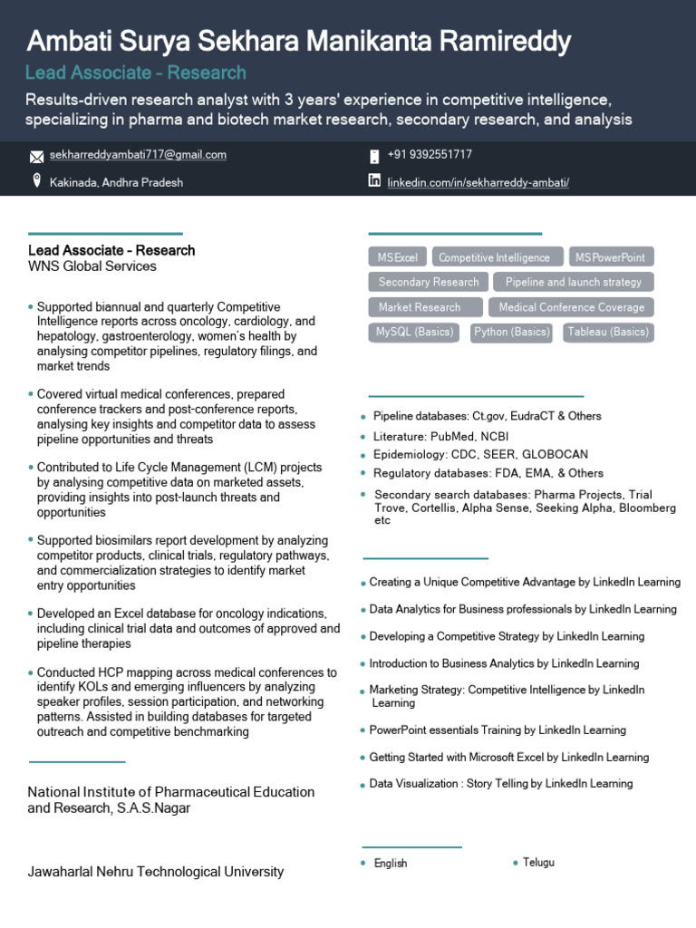 CV - Ambati Surya Sekhara Manikanta Ramireddy - Pharma CI | PDF | Information Science