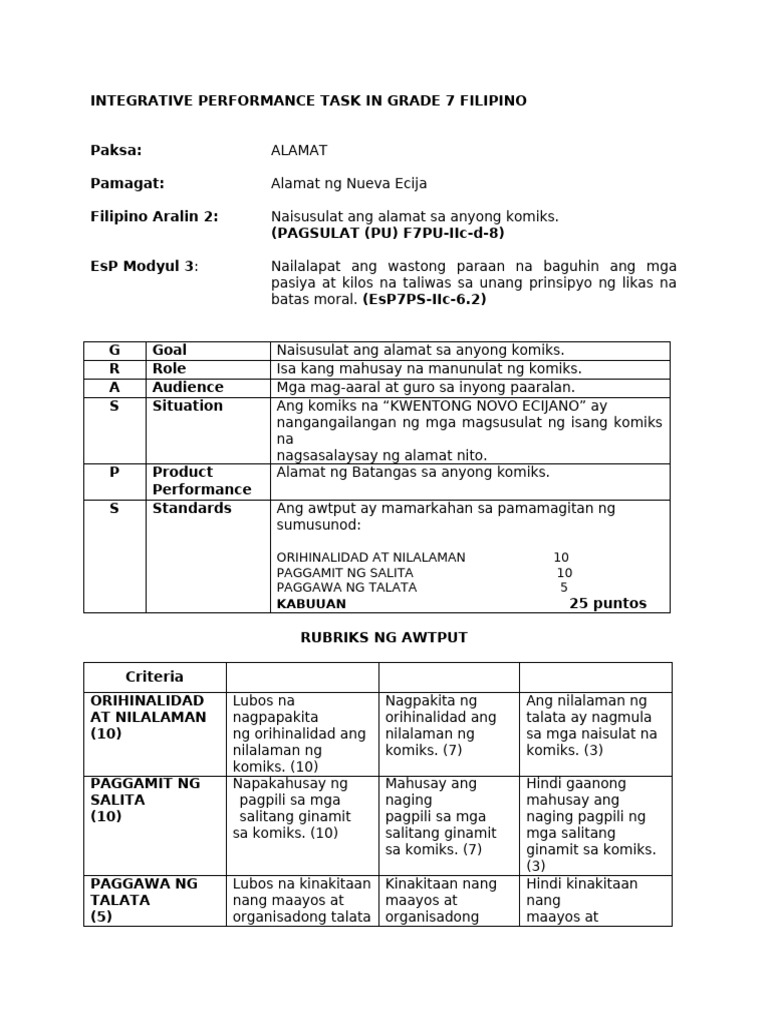 Integrative Performance Task in Grade 7-Filipino | PDF