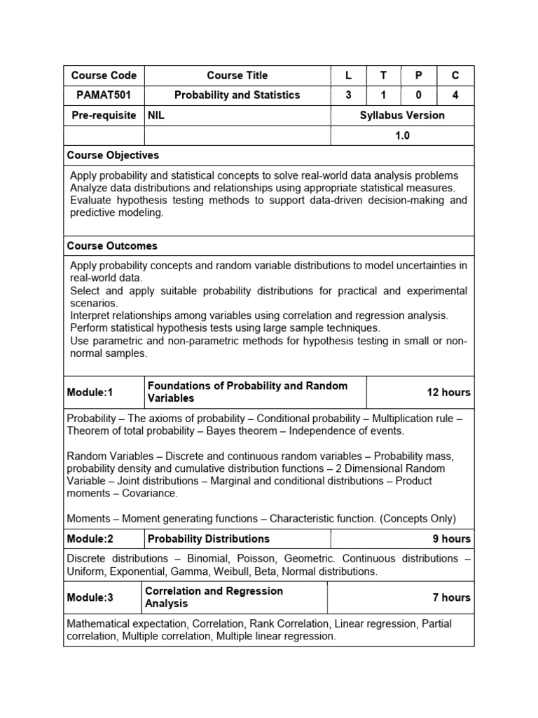 Probability and Statistics Course Syllabus | PDF | Probability ...
