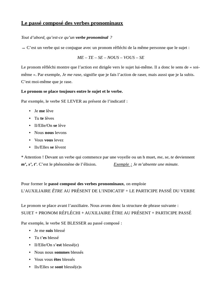 Le Passé Composé Des Verbes Pronominaux | PDF | Sujet (Grammaire) | Verbe