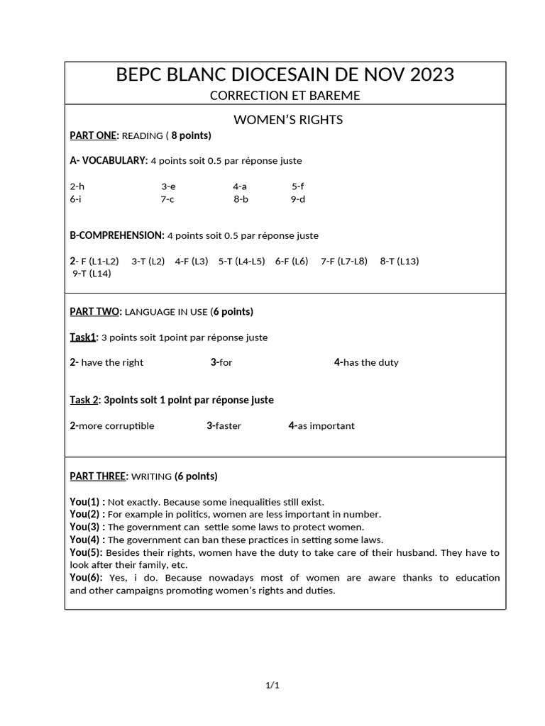 Anglais Corrige Et Bareme Bepc BLC de Nov 2023 | PDF
