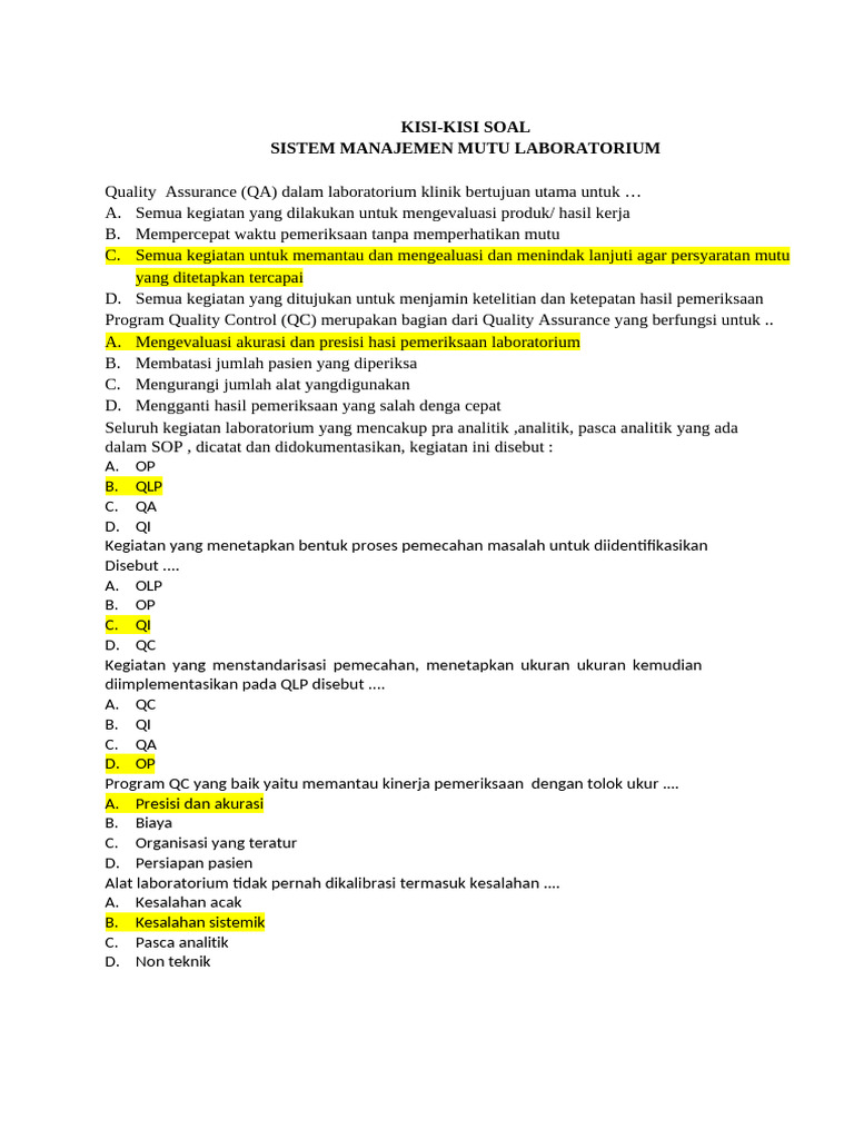 Kisi-Kisi Soal Ets Sistem Manajemen Mutu 2025 | PDF