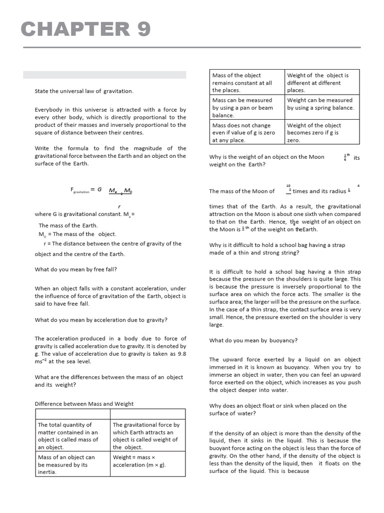 Chapter Gravitation NCERT EXAMPLAR Dav | PDF | Weight | Buoyancy