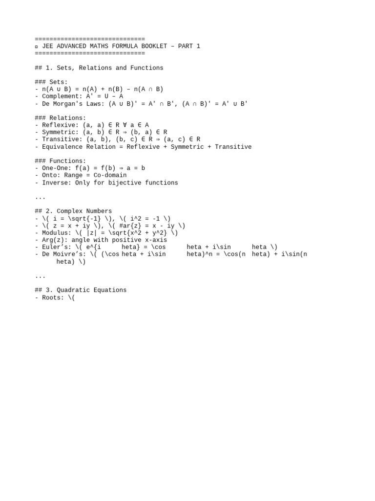 JEE Advanced Maths Formula Booklet | PDF | Mathematics | Algebra